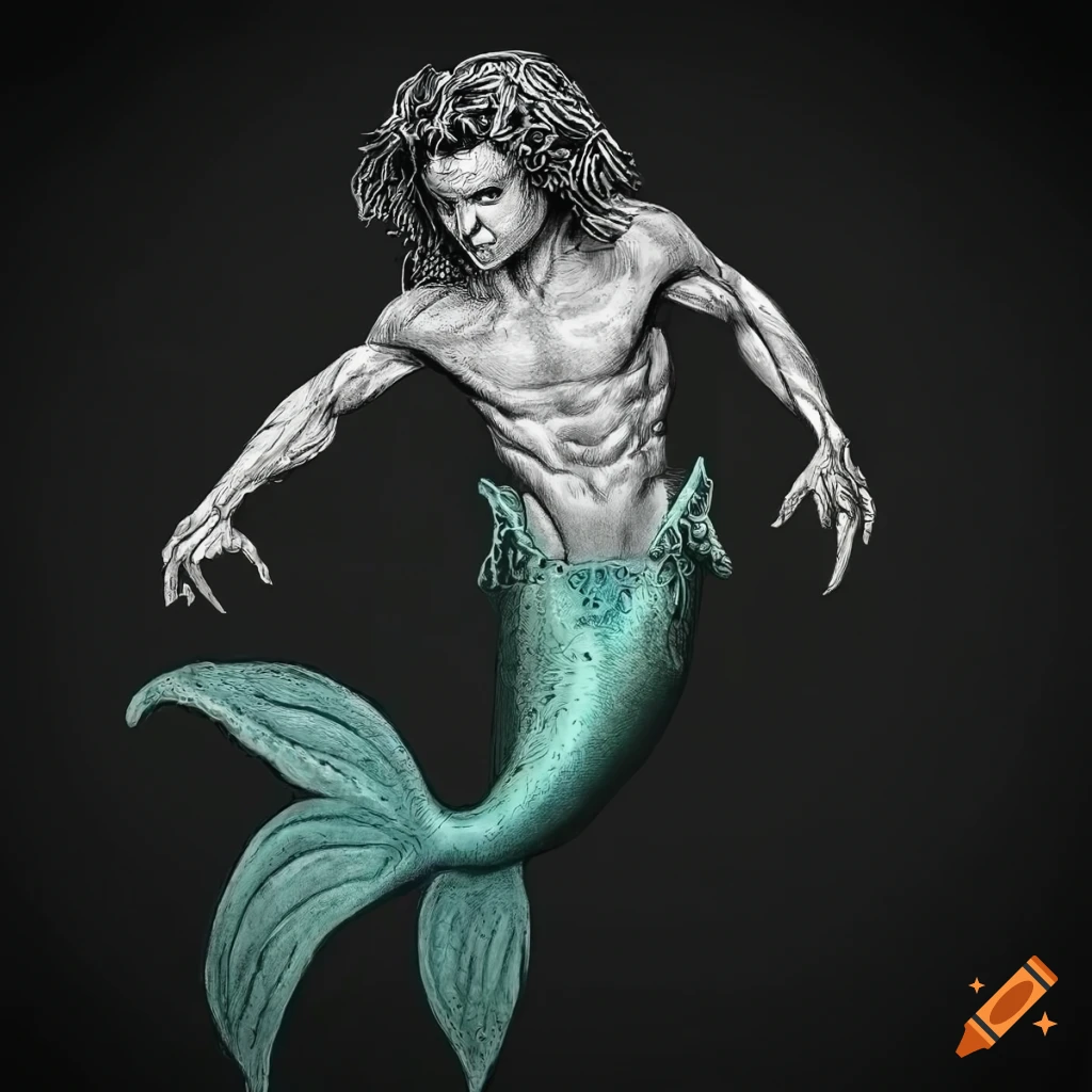 Detailed etching of steve harrington as a merman monster on Craiyon