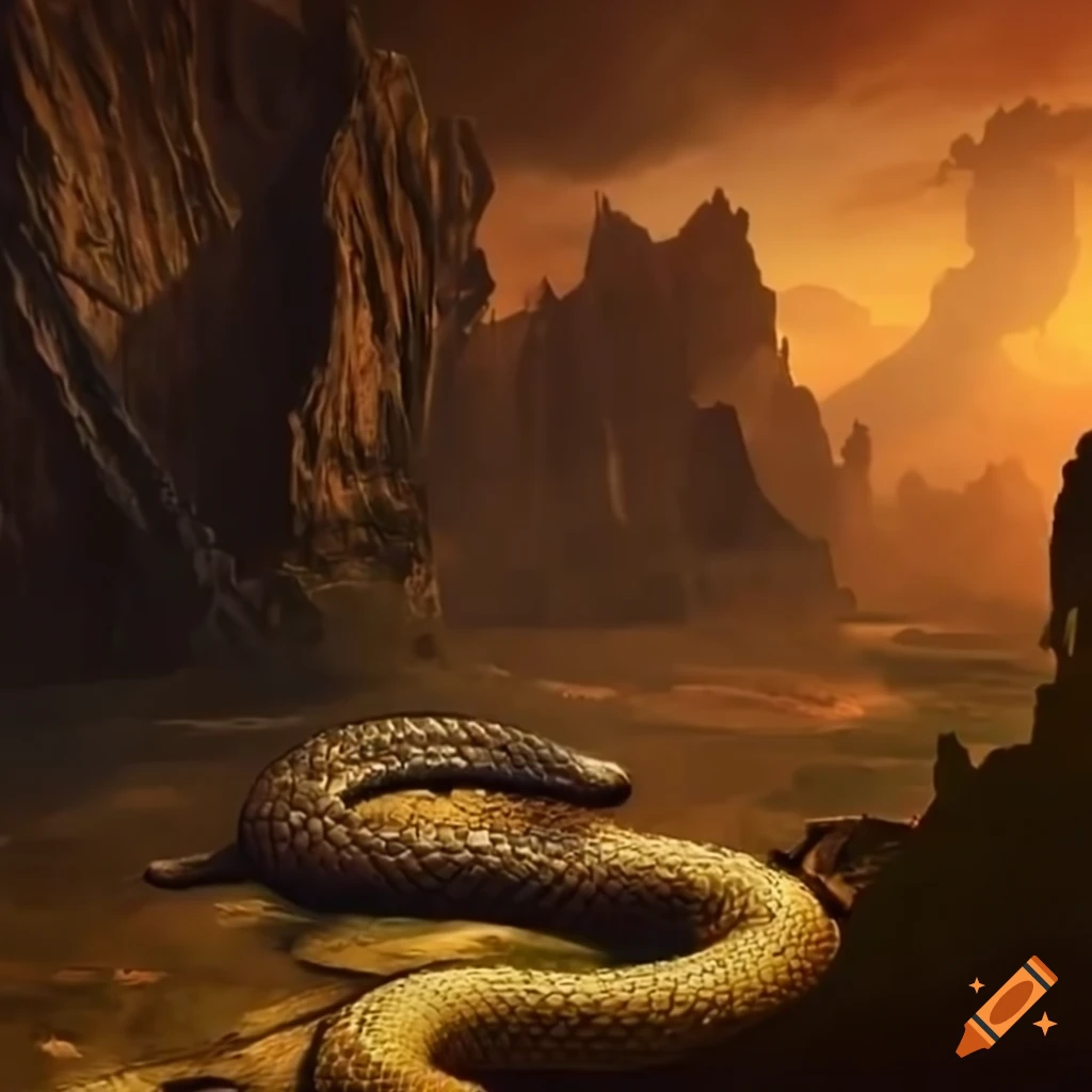 Landscape of God Of War game with a giant snake on Craiyon