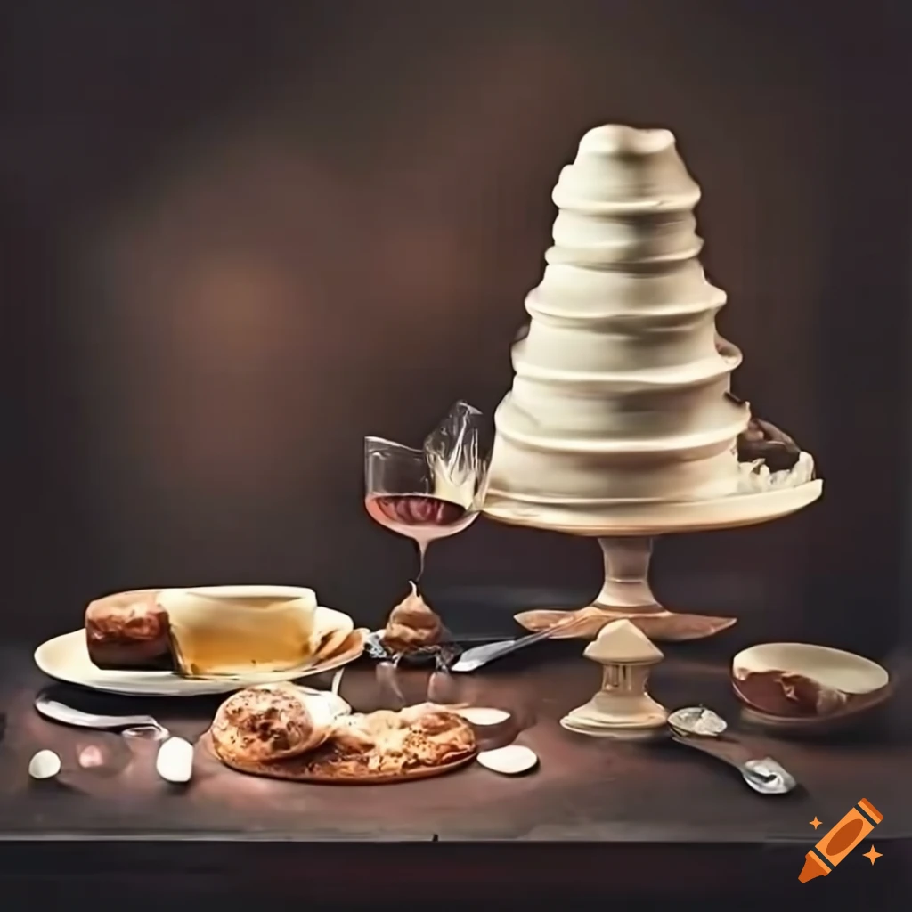 Surrealistic pastries and cakes on a table with wine glasses on Craiyon
