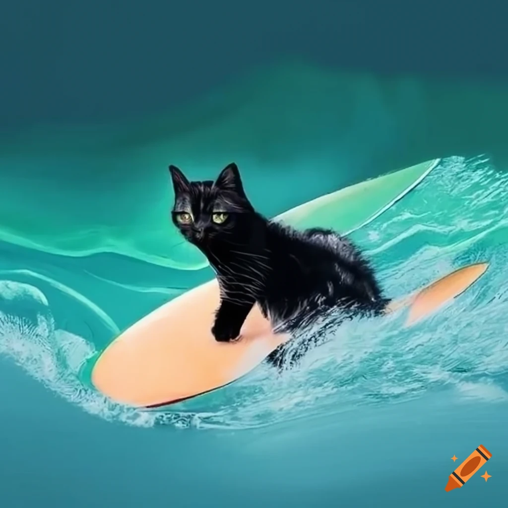 Cat surfing on a wave on Craiyon