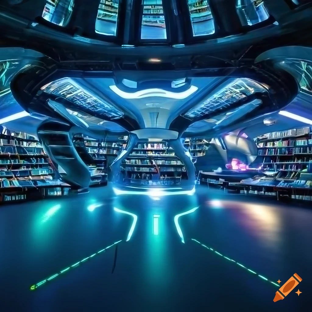 Futuristic library with cosmic atmosphere on Craiyon