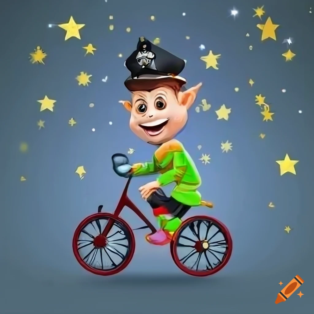 Cartoon elf on a bike with golden star wheels on Craiyon