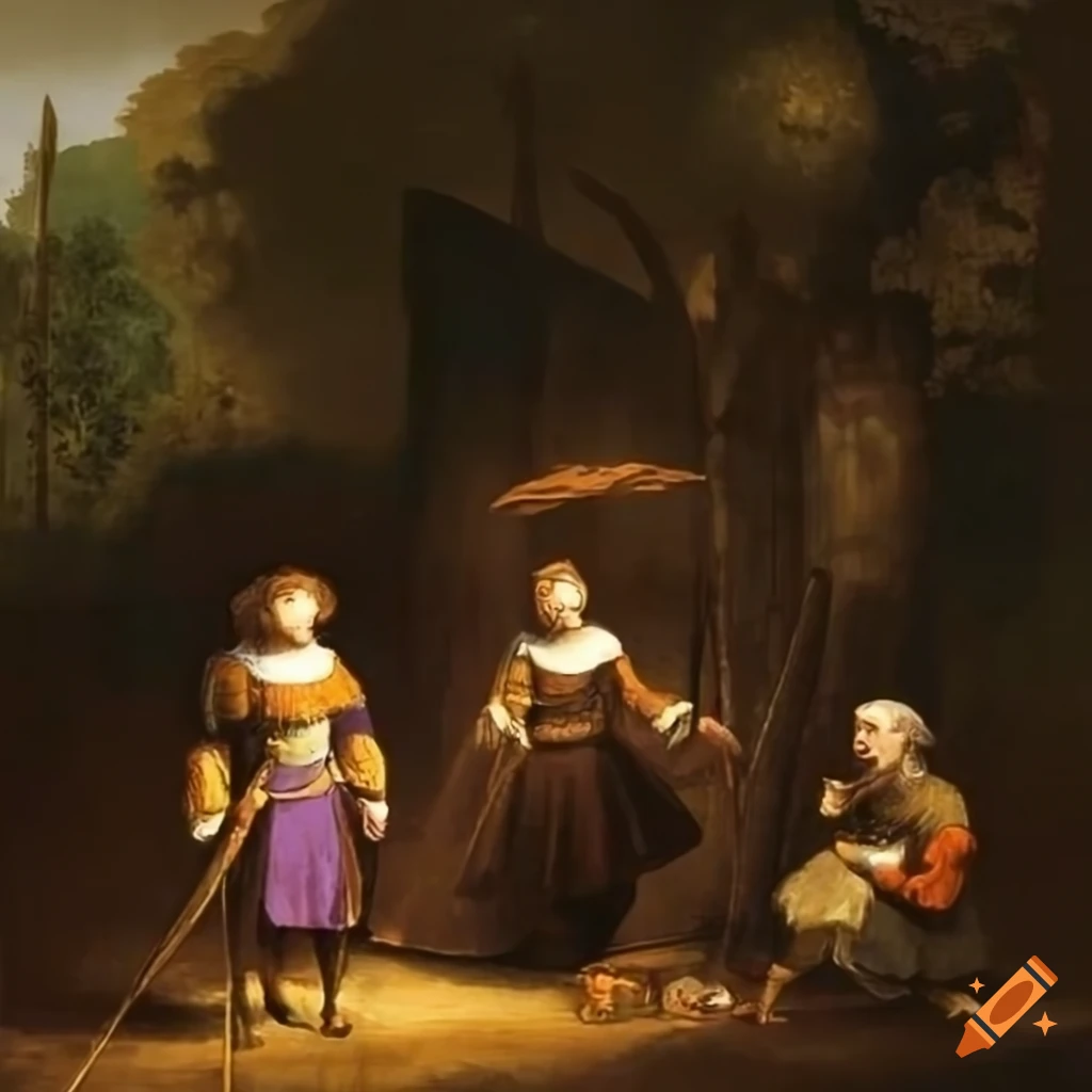 Medieval people measuring in the forest on Craiyon