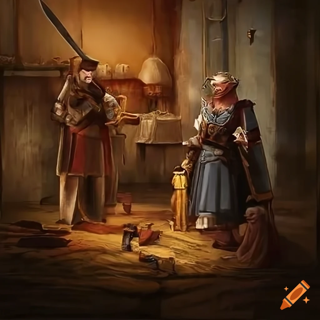 Medieval market scene with sword and armor merchants on Craiyon