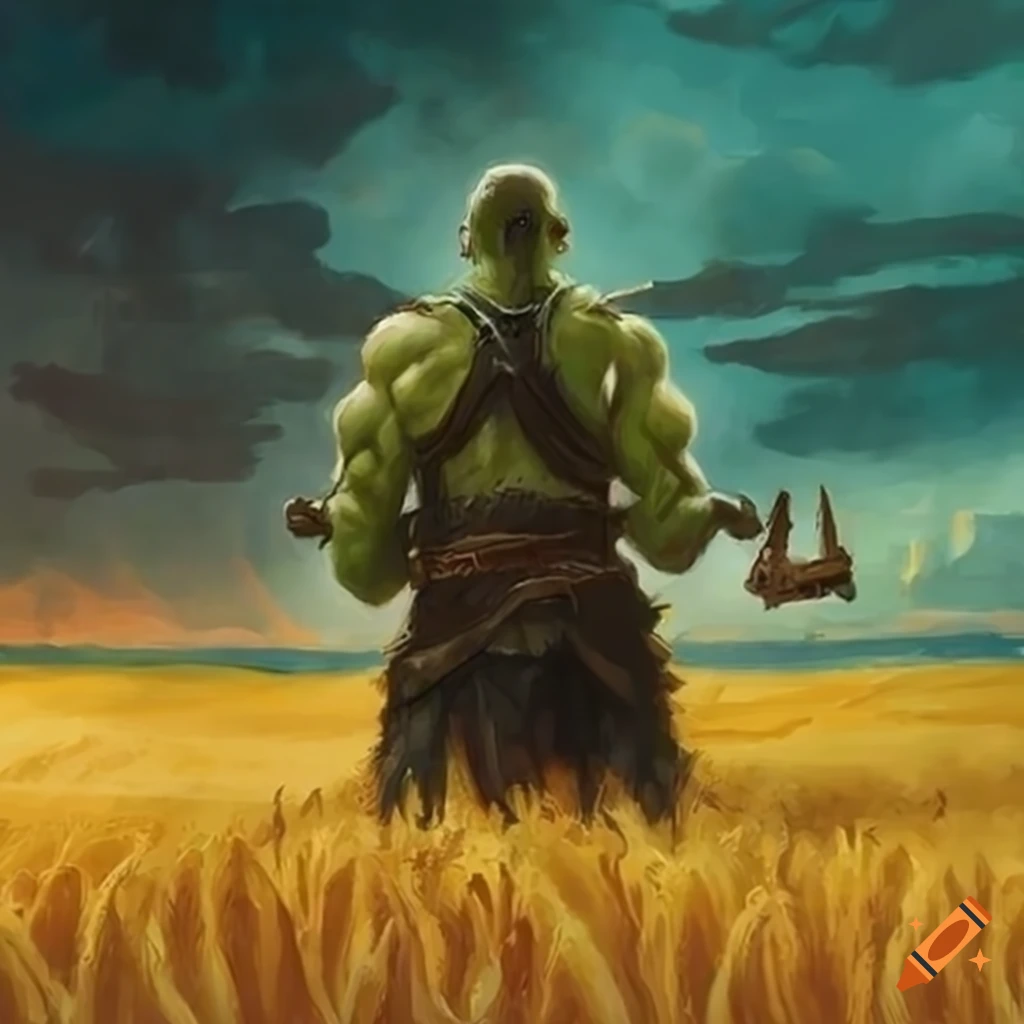 MTG art of an orc farmer in a wheat field on Craiyon