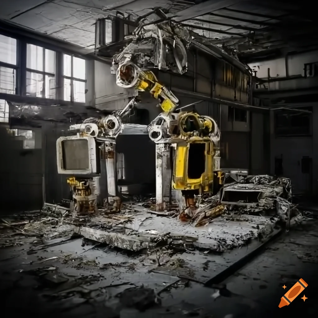 Photorealistic image of an abandoned robot assembly factory on Craiyon