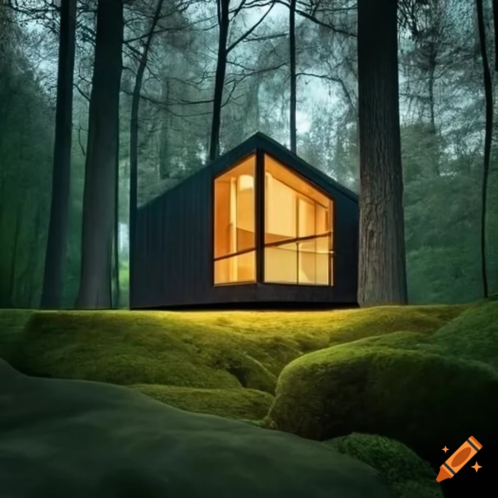 Modern home with basalt cladding in a lush forest on Craiyon