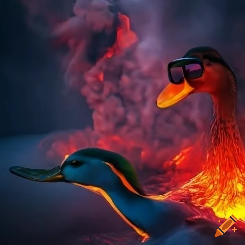 Hyperrealistic ducks swimming in molten lava on Craiyon