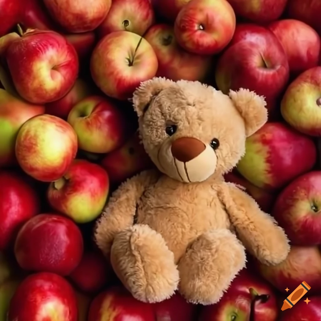 Teddy bear surrounded by apples