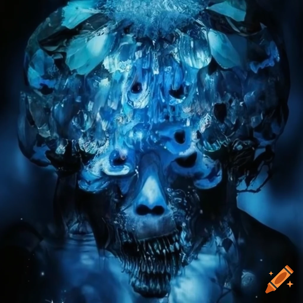 Abstract horror artwork with blue butterflies and chandelier on Craiyon