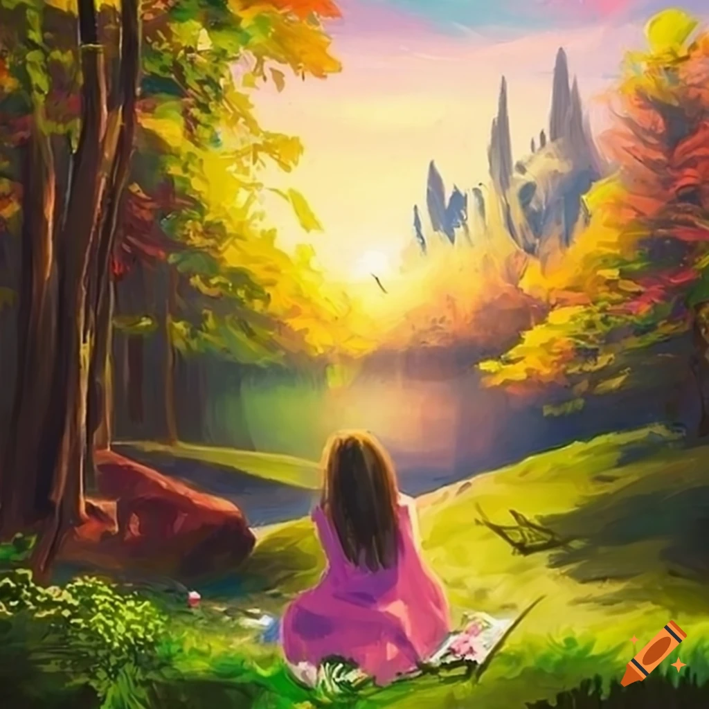 Teenage girl painting a landscape on Craiyon