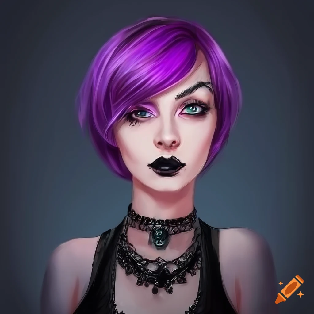 Detailed digital art portrait of a goth woman with purple hair