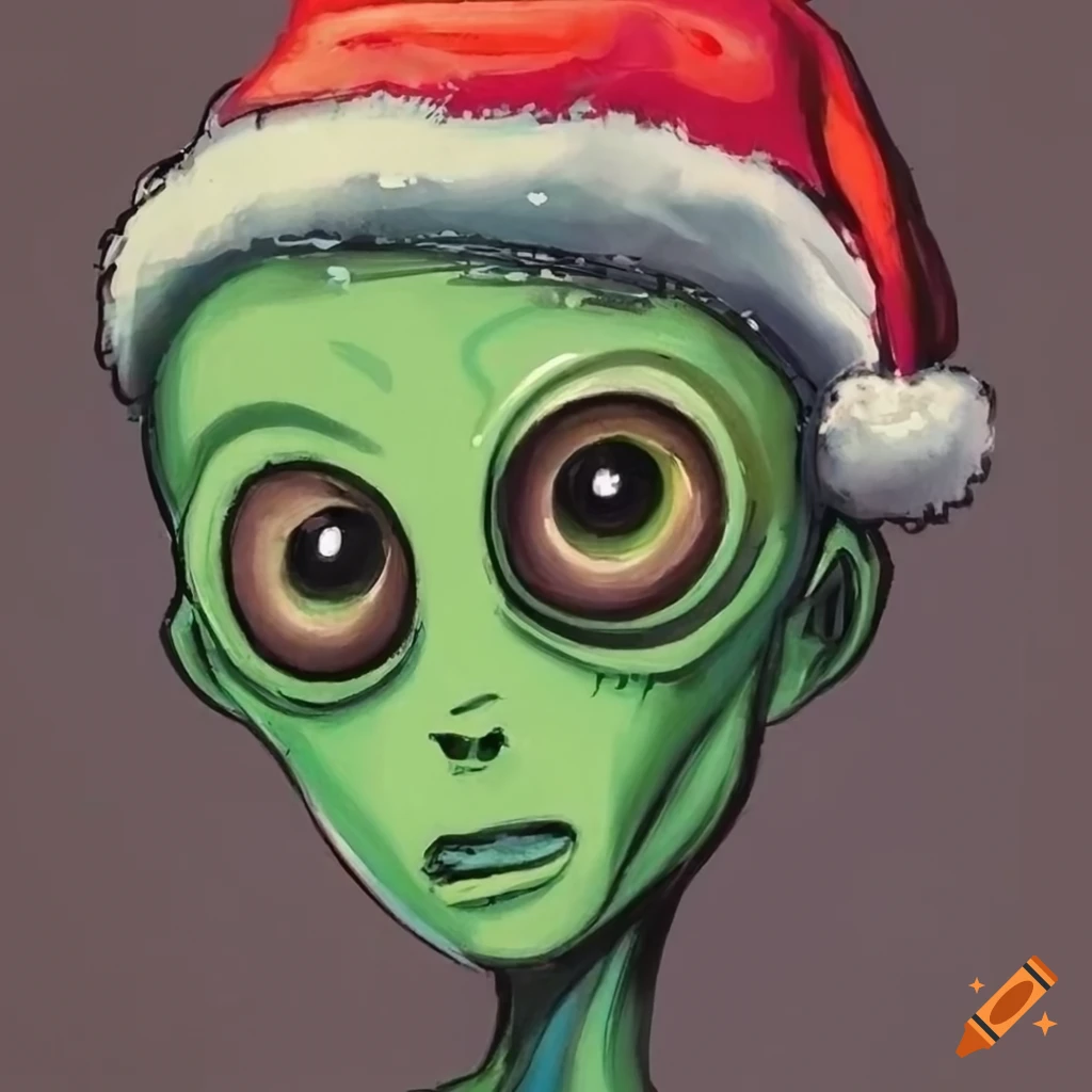 Ink painting of a cool alien wearing a santa hat on Craiyon