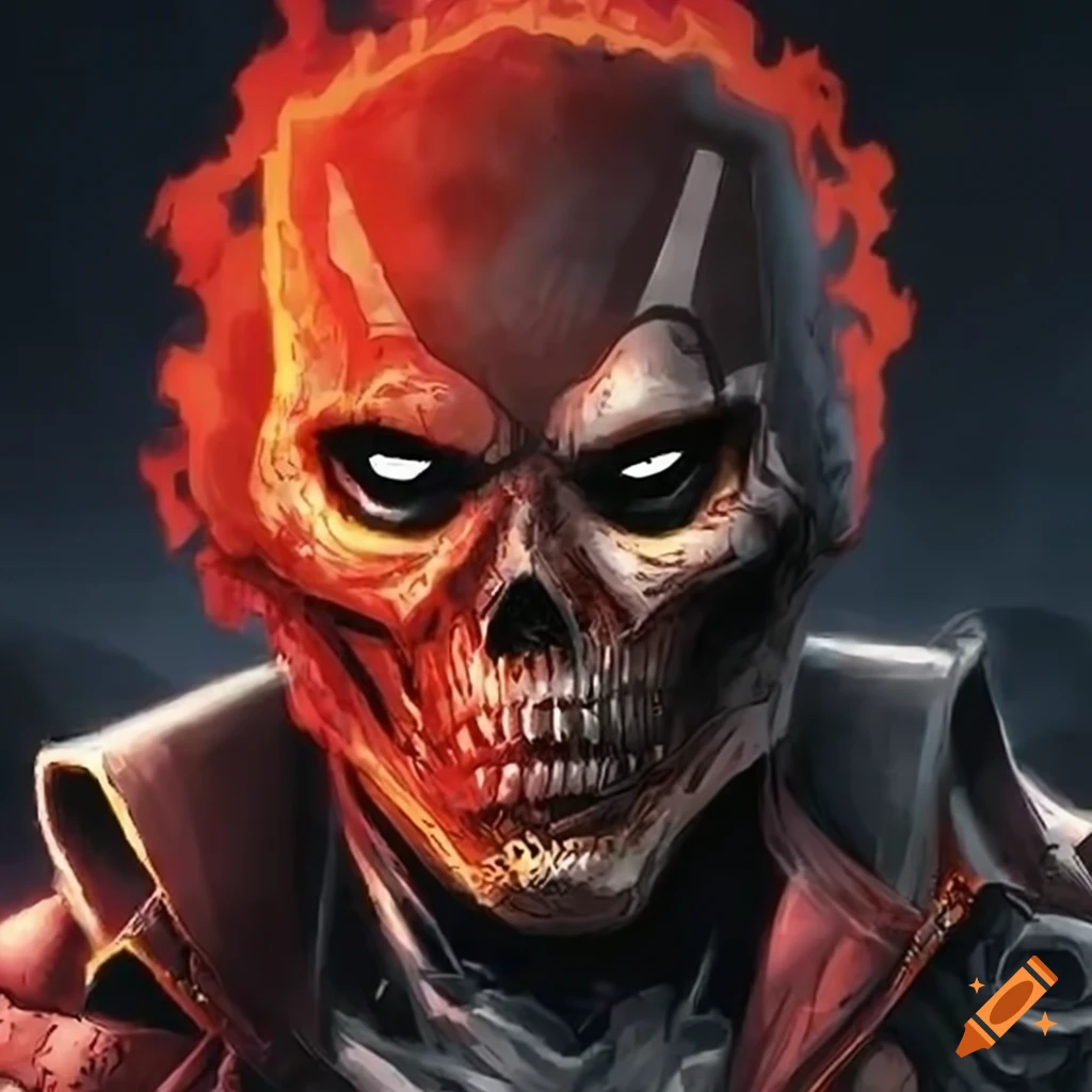 Artwork of a supernatural character with red hood and ghost rider elements