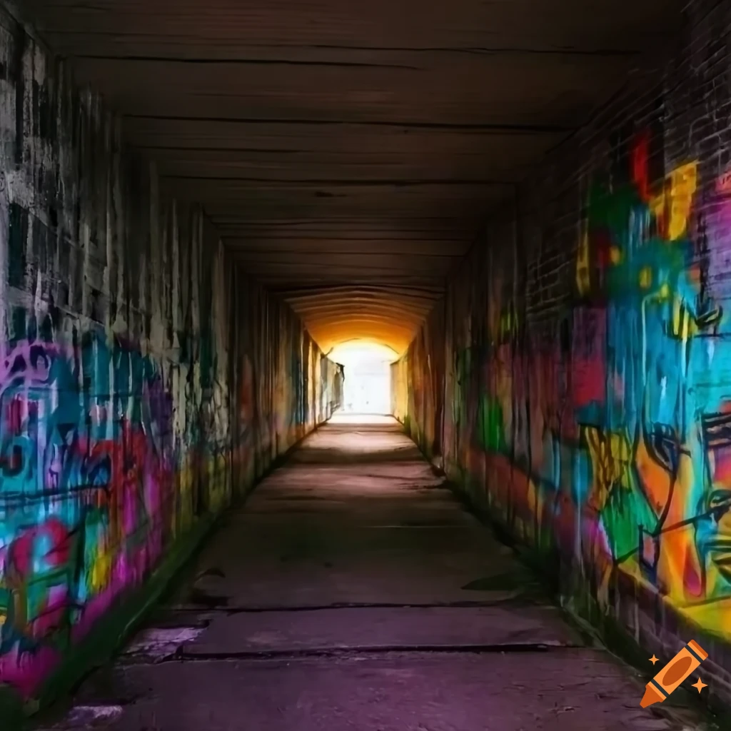 Graffiti-filled tunnel with warm colors
