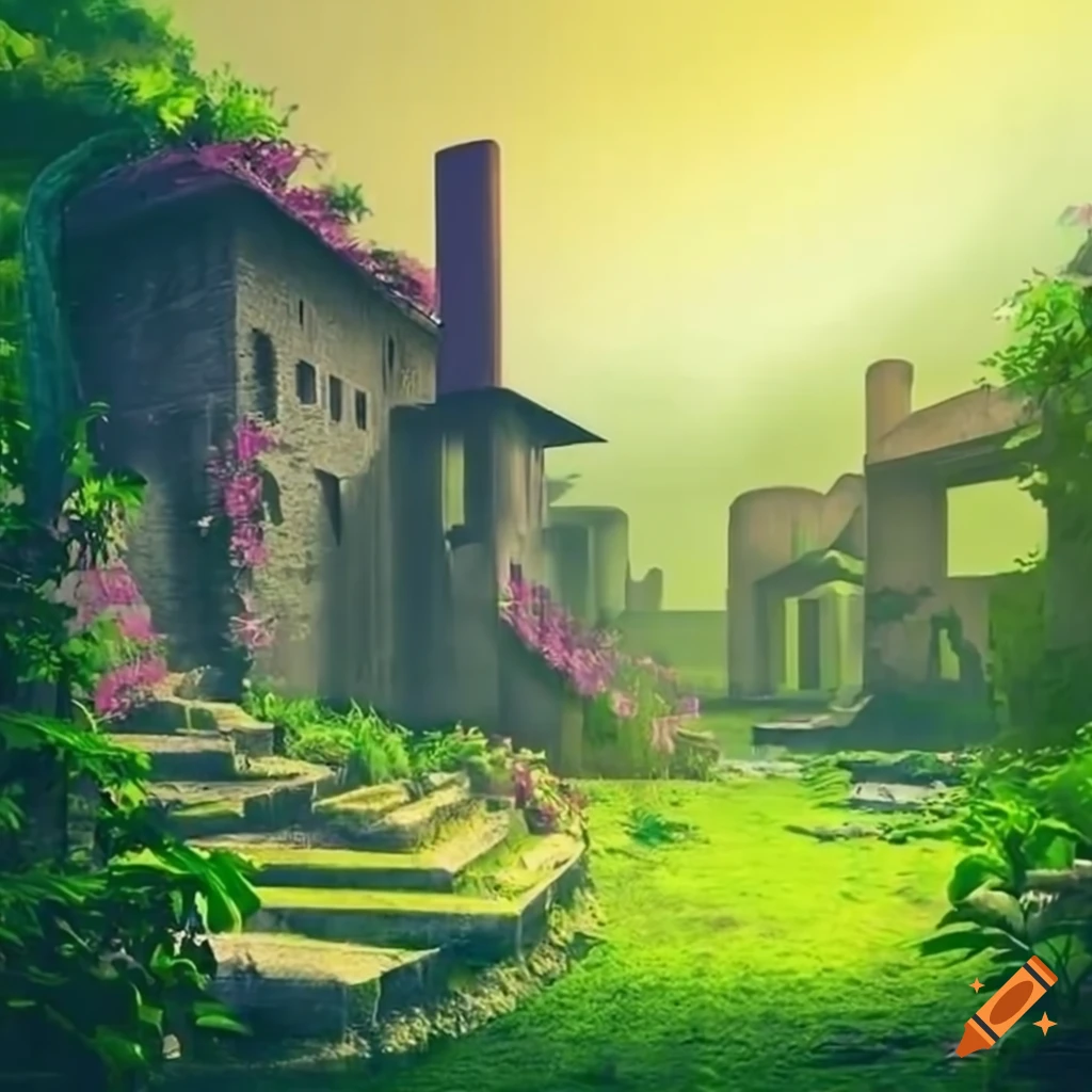 Sunny concrete village with flowers and vines