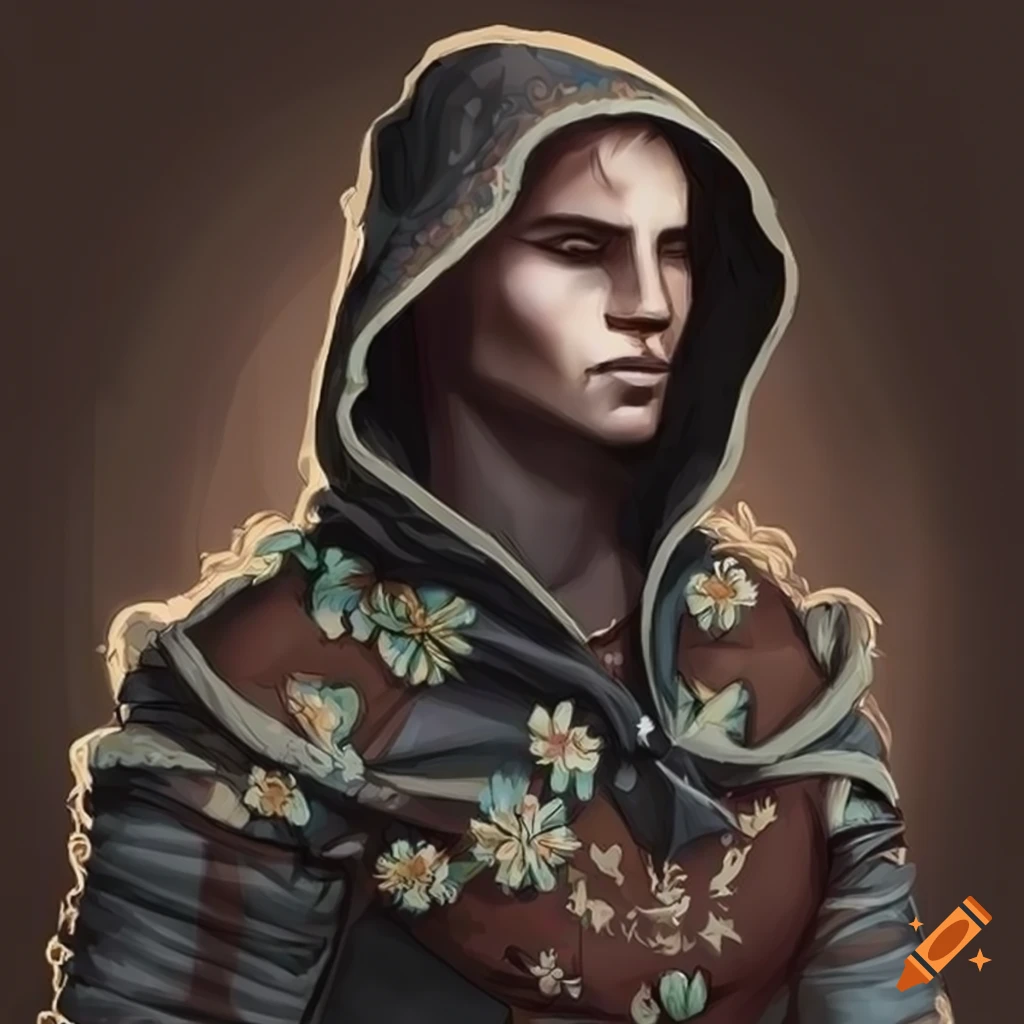 Character illustration of a human rogue in black hoodie with floral ...