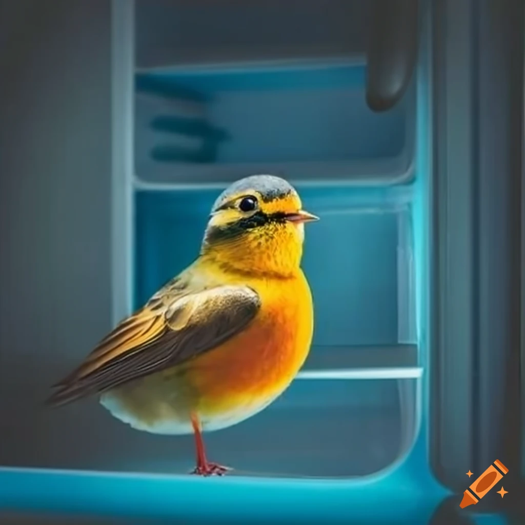 Humorous image of a bird inside a fridge