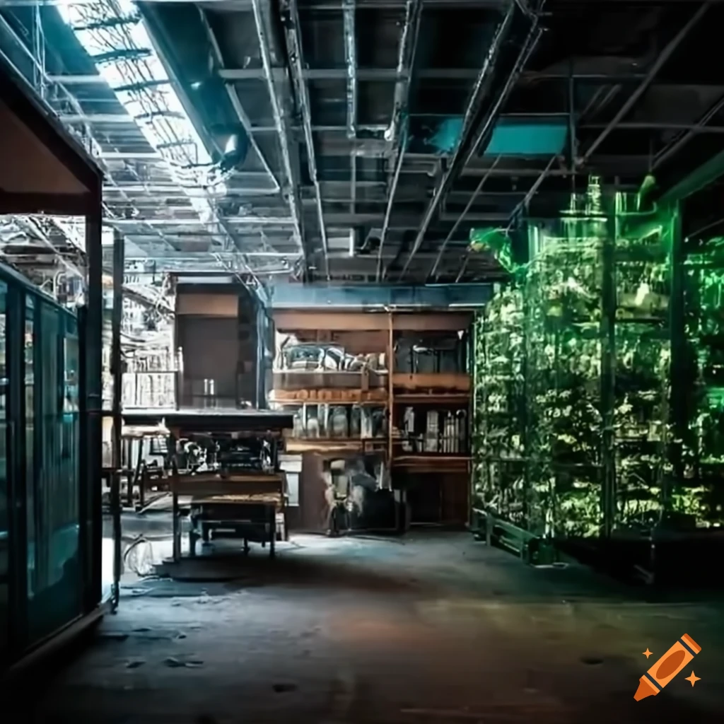 Vibrant cannabis retail store with steel factory workshop on Craiyon