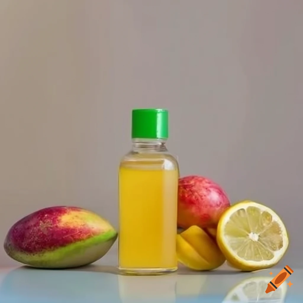 30ml ginger, mango, and lemon drink with colorful fruits on Craiyon