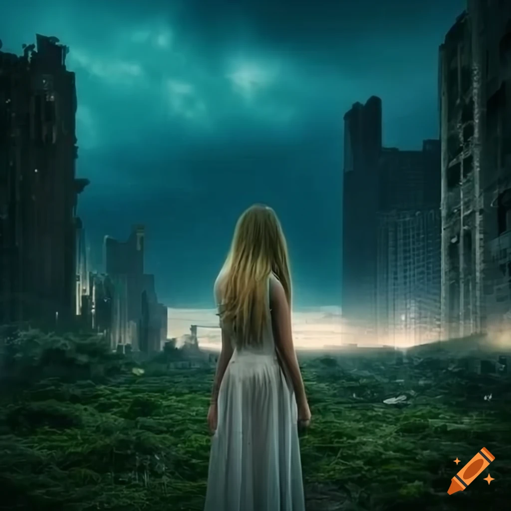 Dystopian sci-fi concept art with a girl in front of destroyed city on ...