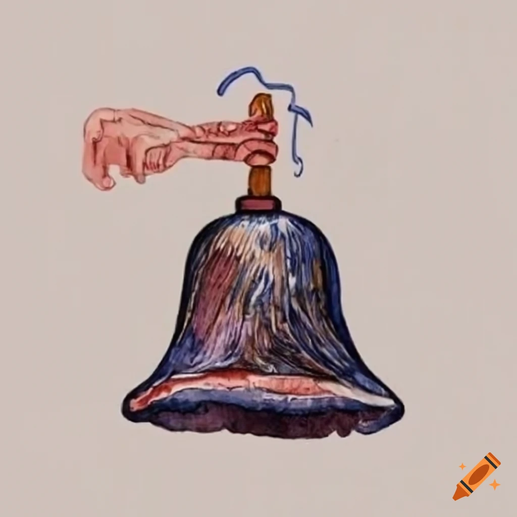 Color pen and ink drawing of hand holding a choir bell