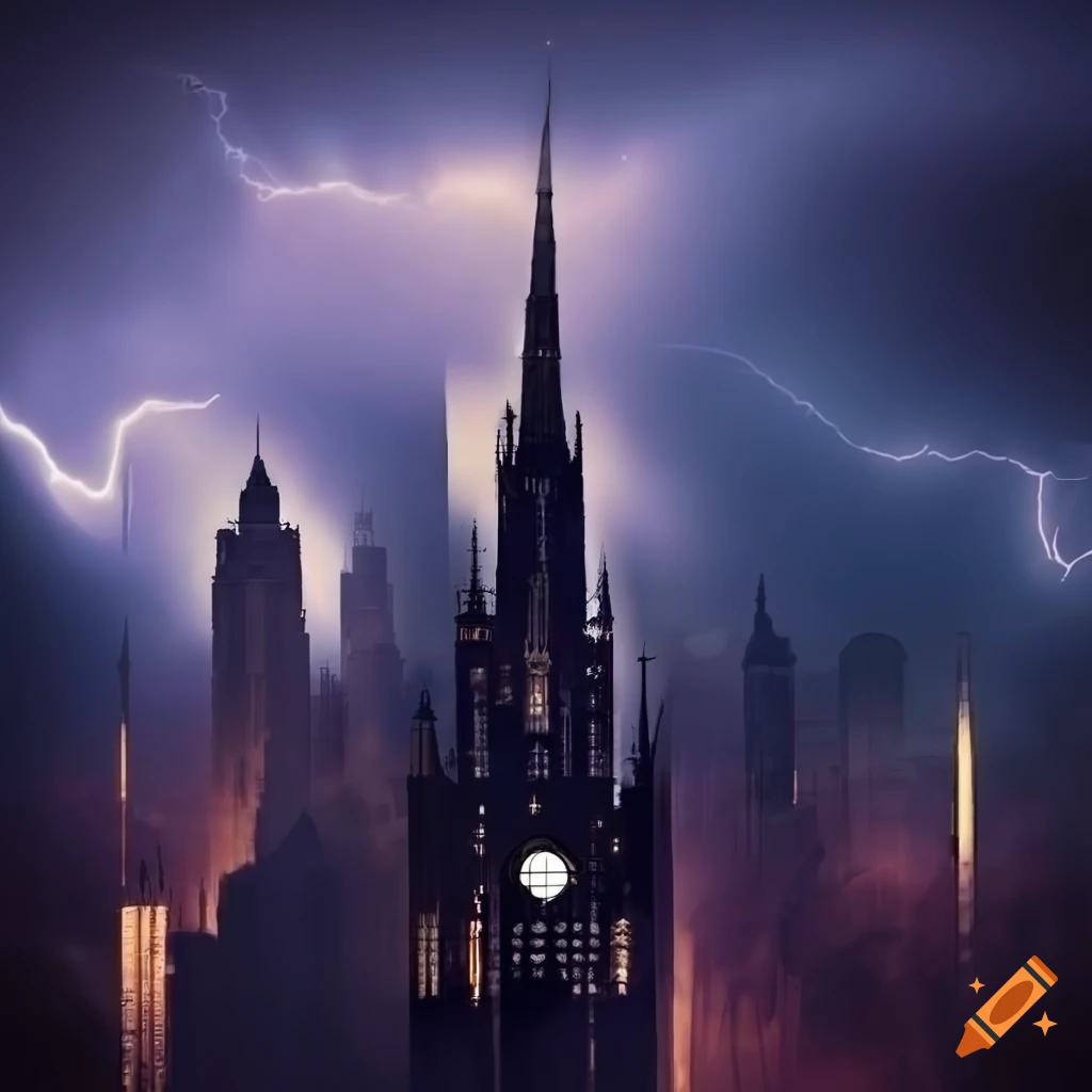 Dramatic skyline of an art deco gothic city during a thunderstorm on ...