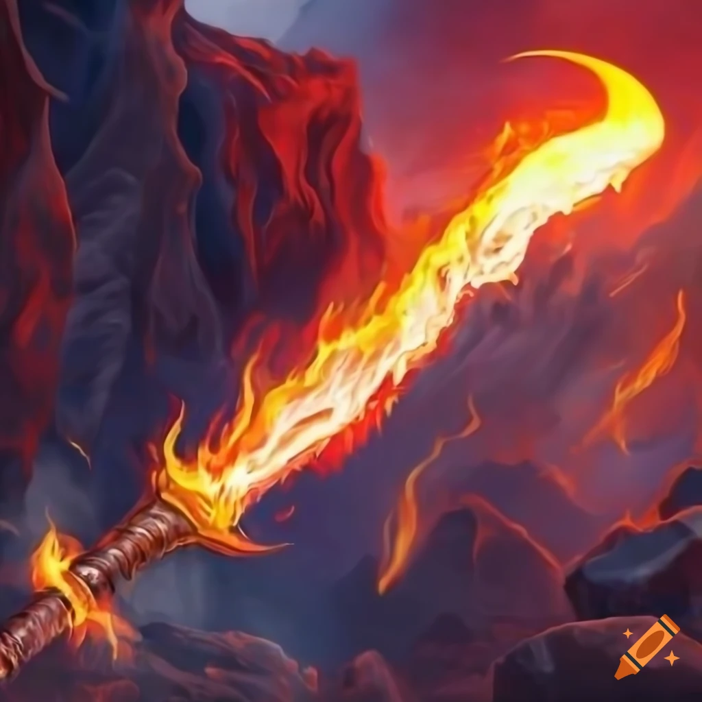 Detailed fiery sword with volcanic background on Craiyon