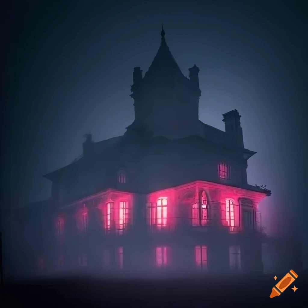 Eerie night scene of a creepy mansion in mist on Craiyon