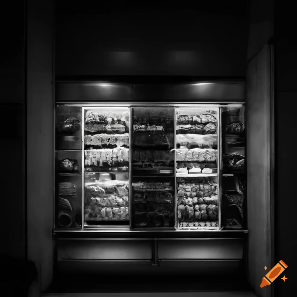 Evil refrigerator in black and white with blue, sinister on Craiyon