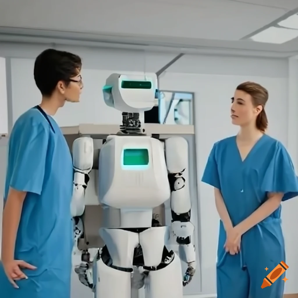 Doctors collaborating with a large robot in a medical setting on Craiyon