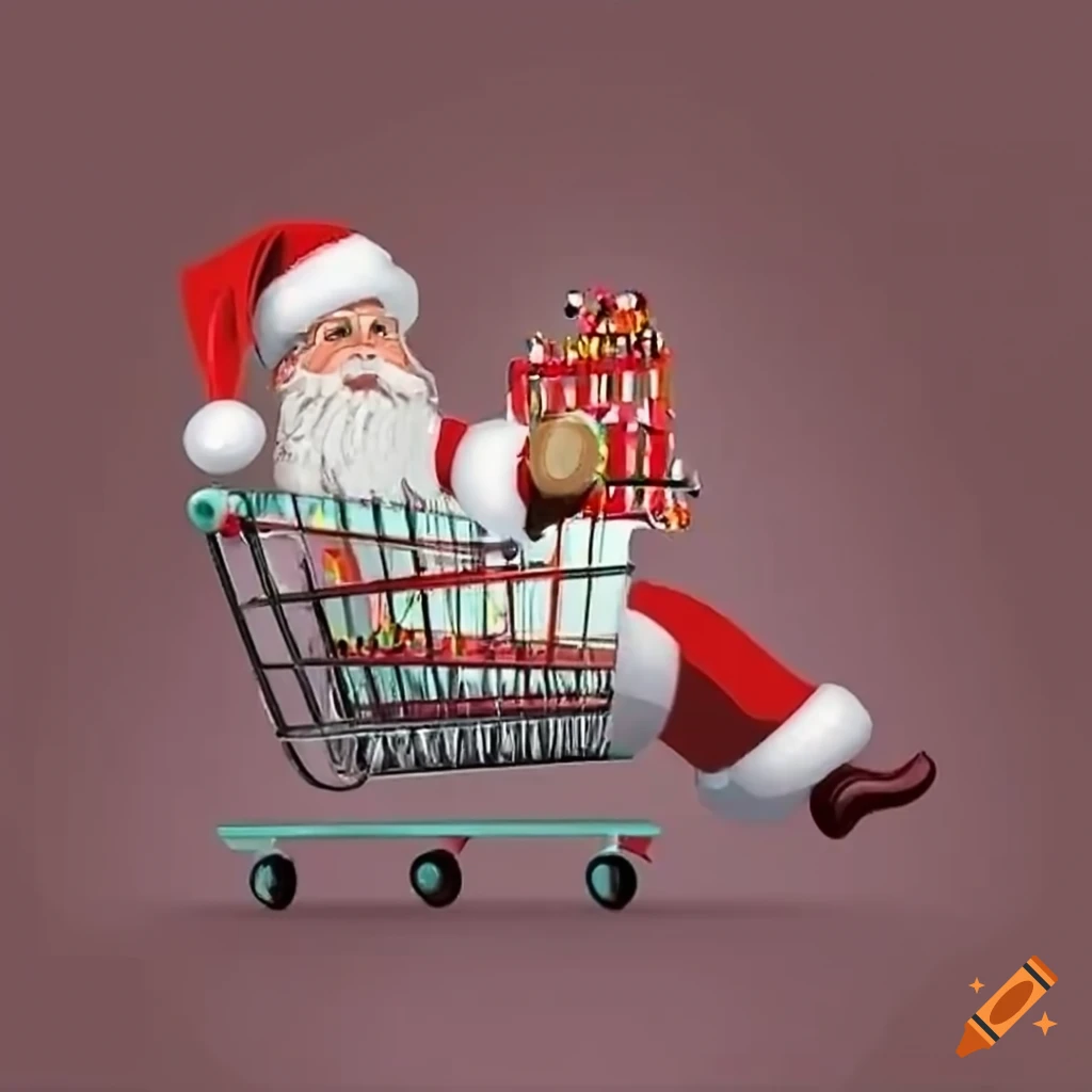 Santa claus riding a shopping cart