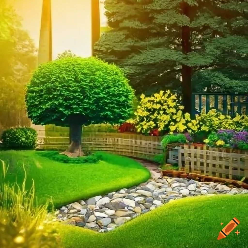 Landscaped garden with a large tree and neat box hedge on Craiyon