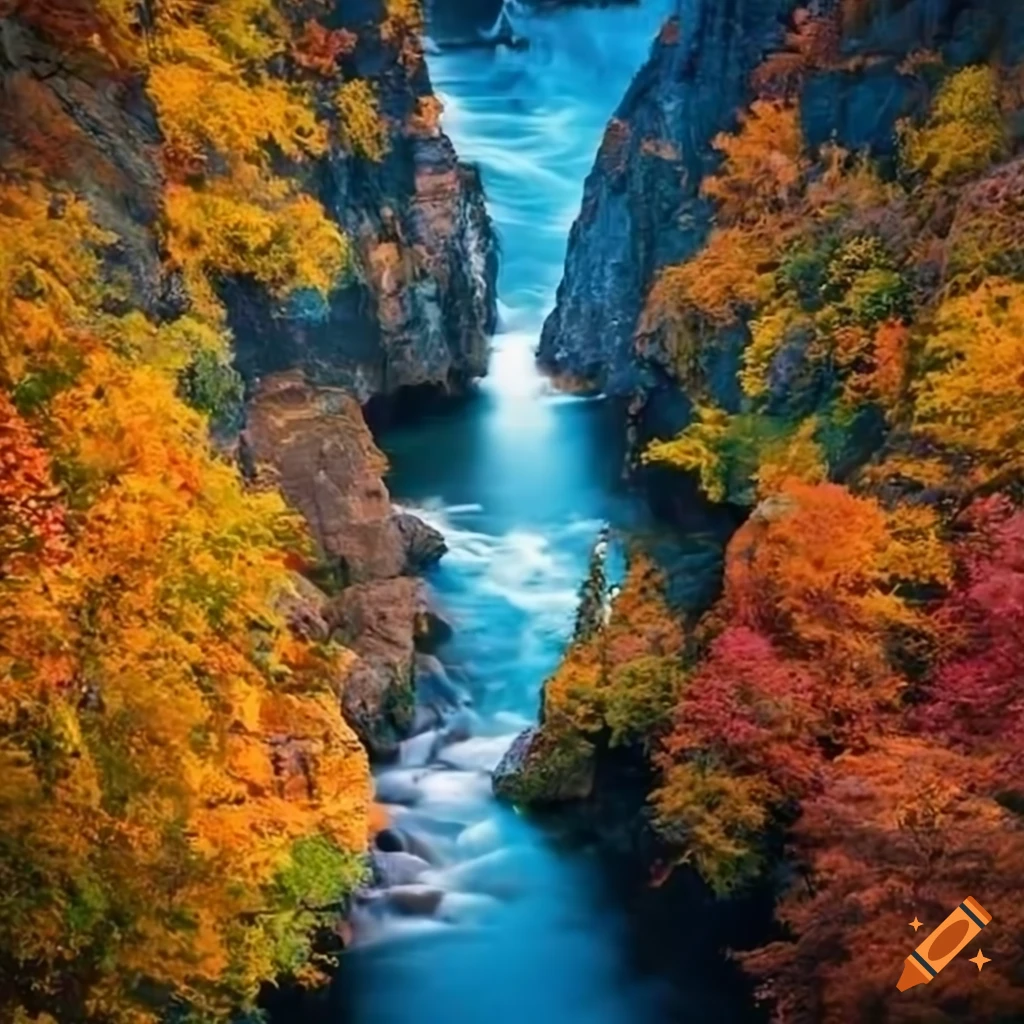 Colorful autumn landscape with cliff, water, and trees