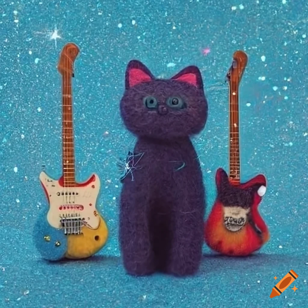 Needle felt cats with electric guitars