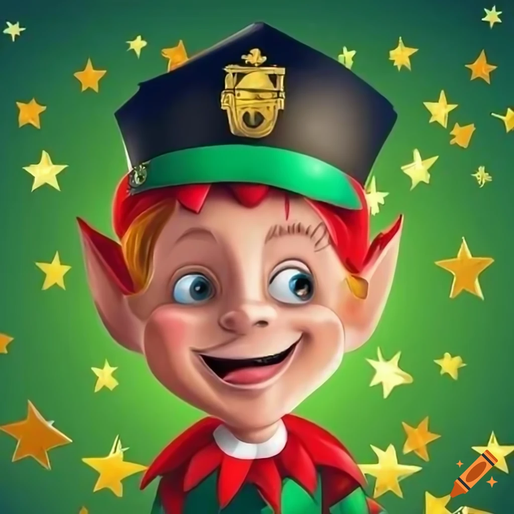 Cartoon elf with police hat and christmas spirit on Craiyon