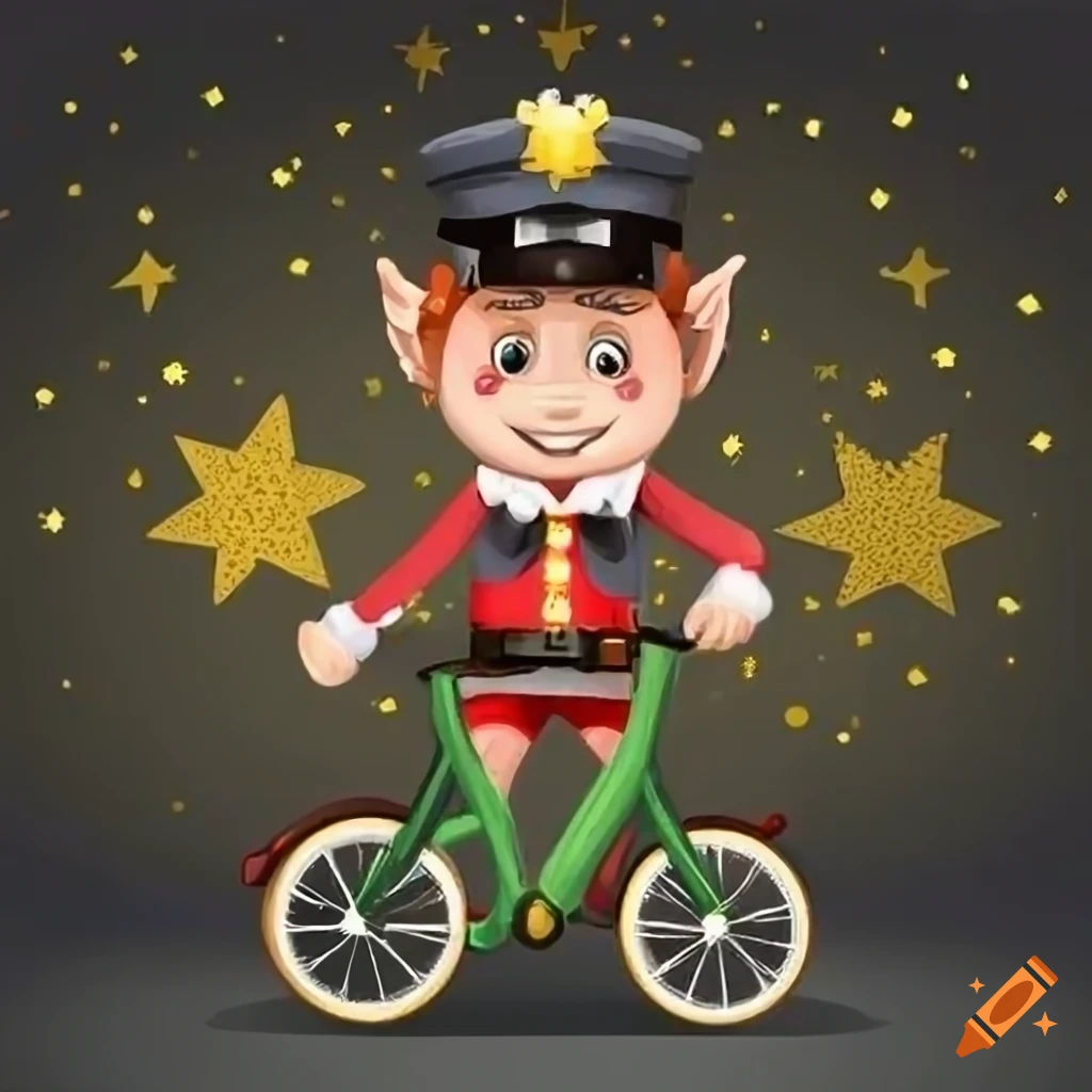 Cartoon elf on a bike celebrating christmas