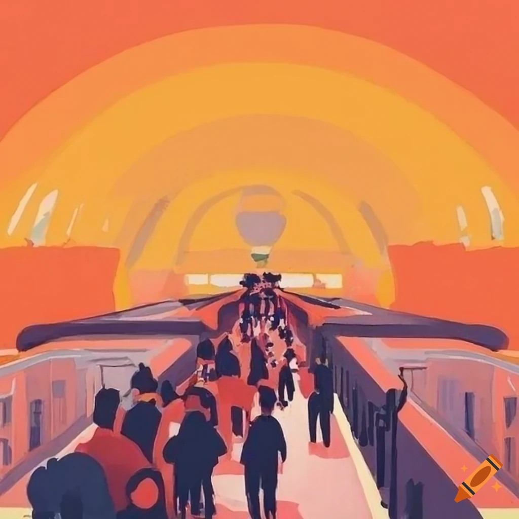 Gouache style retro architectural render of a futuristic train station ...