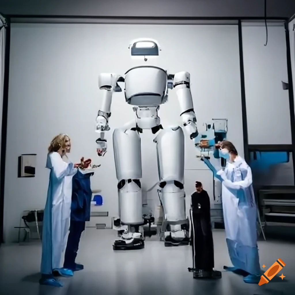 Doctors working on a large robot in front of a whiteboard on Craiyon
