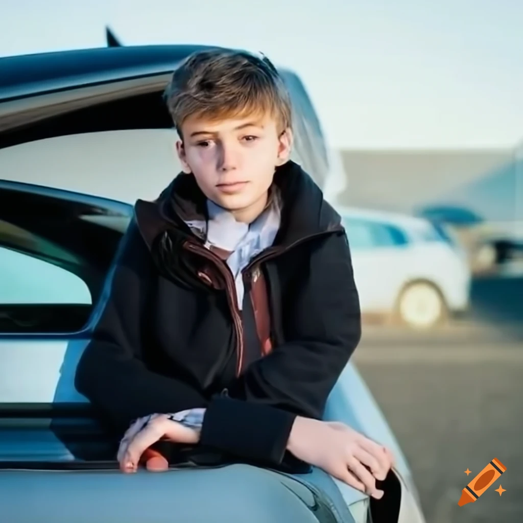 Teenage boy standing next to a grey hatchback car