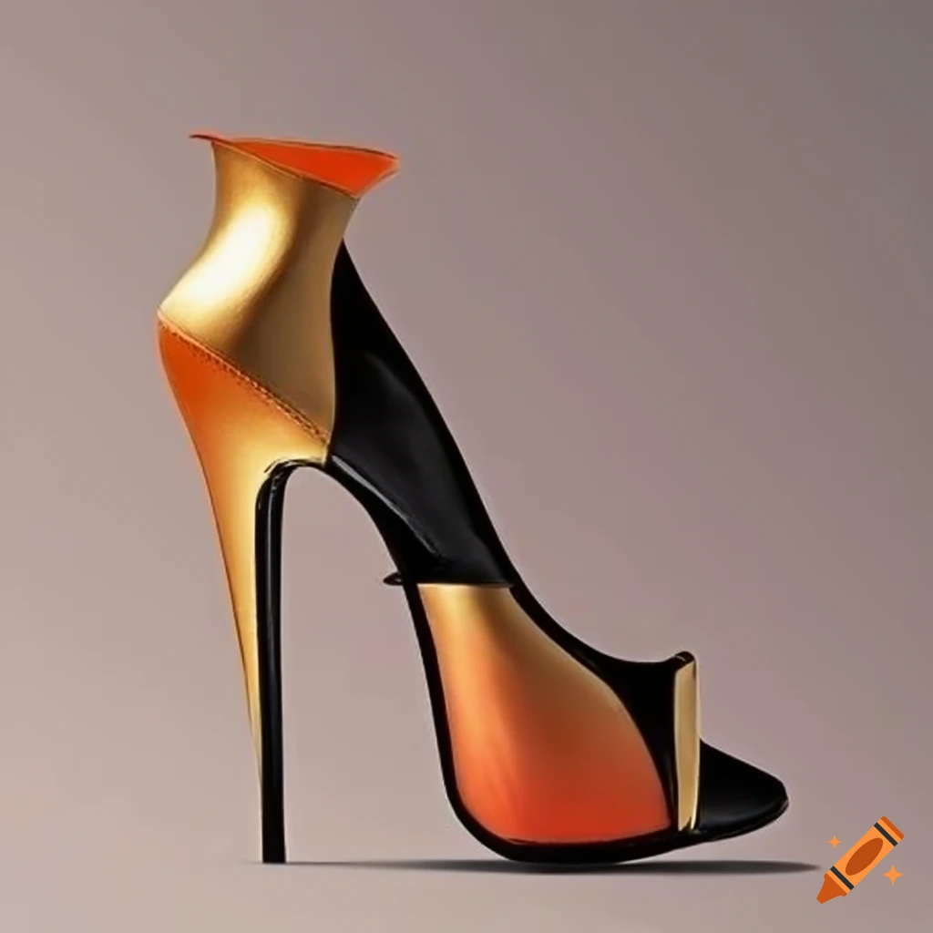 Abstract women's high heels with a vase in gold, orange, and black on ...