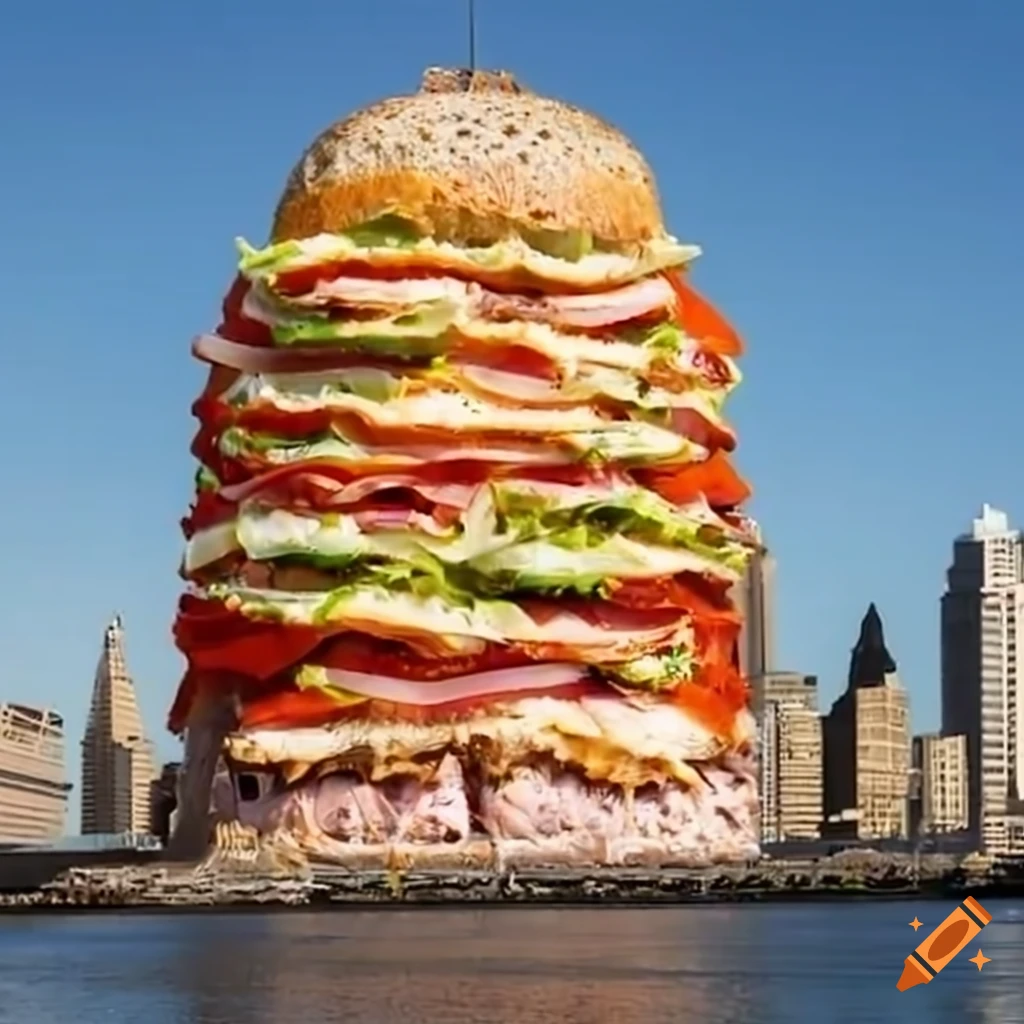 Giant turkey sandwich against cityscape on Craiyon