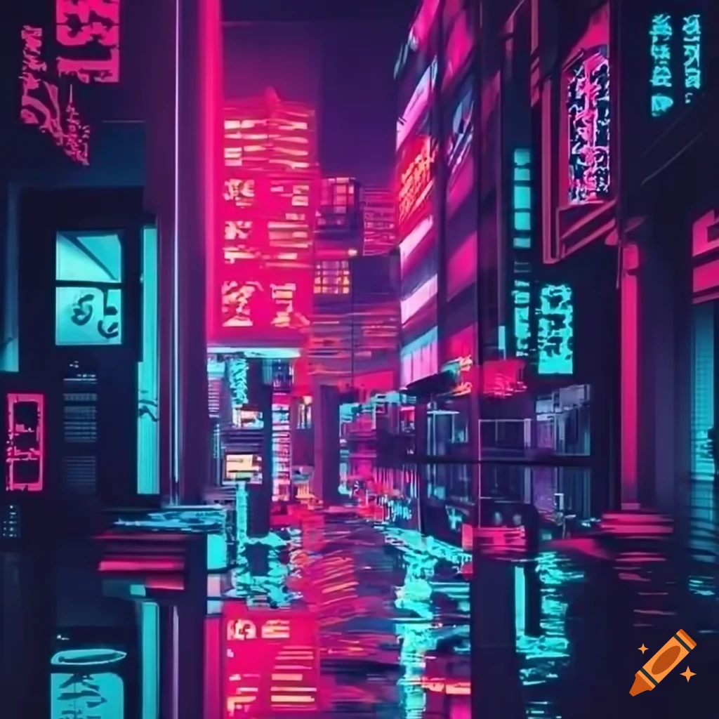 Neon-lit city with Japanese text and modern buildings on Craiyon