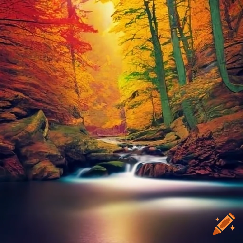 Colorful autumn landscape with cliff, water, and trees