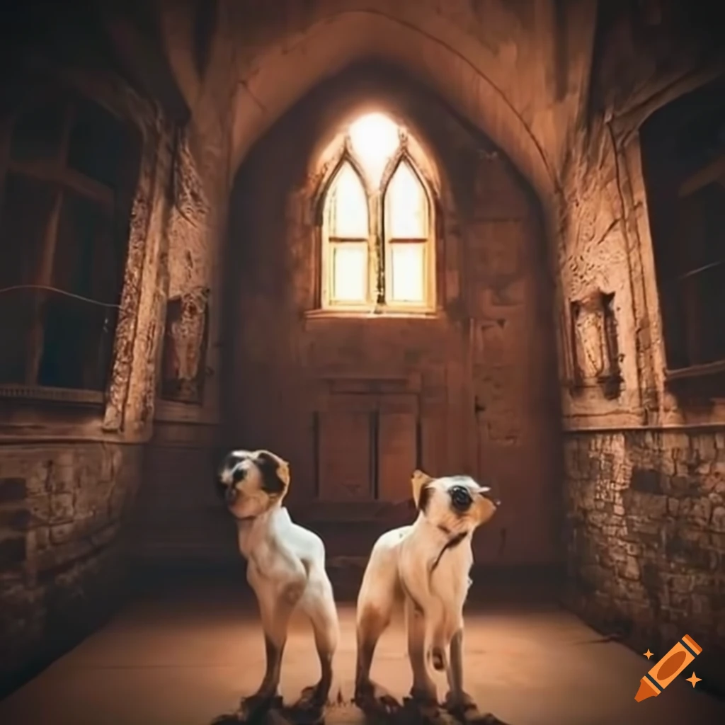 Dogs stacked inside a castle