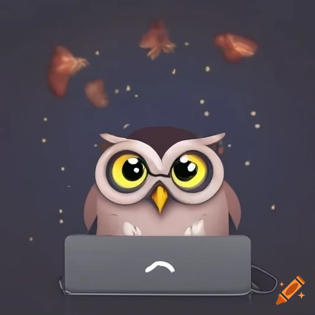 Cute owl peeking from behind a computer