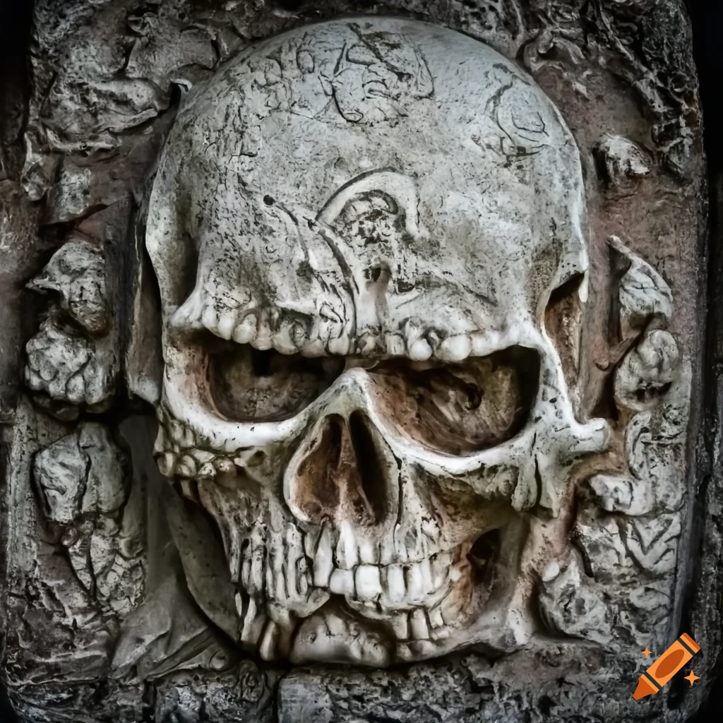 Carved gravestone with a frowning skull on Craiyon