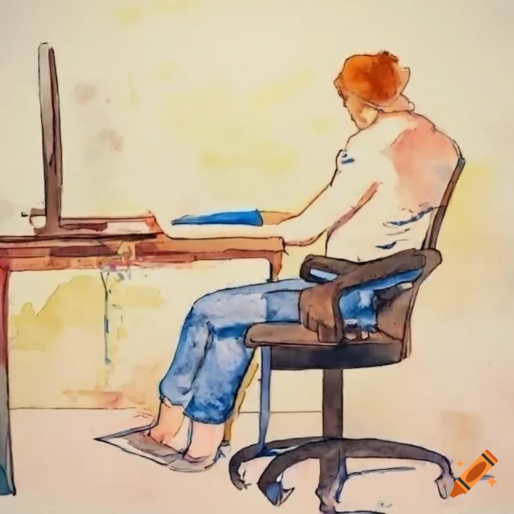 Person sitting and leaning back in a chair at a desk on Craiyon
