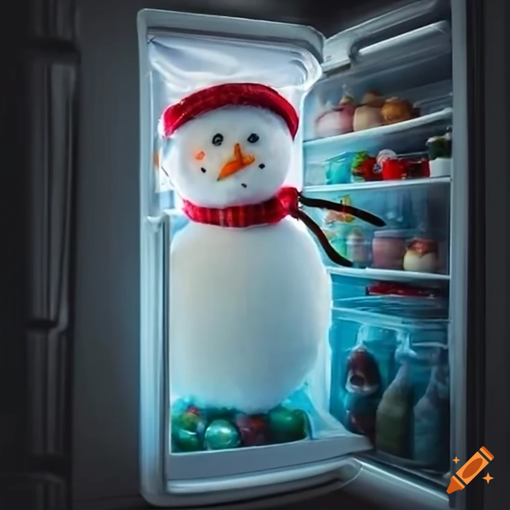 Funny snowman inside a fridge