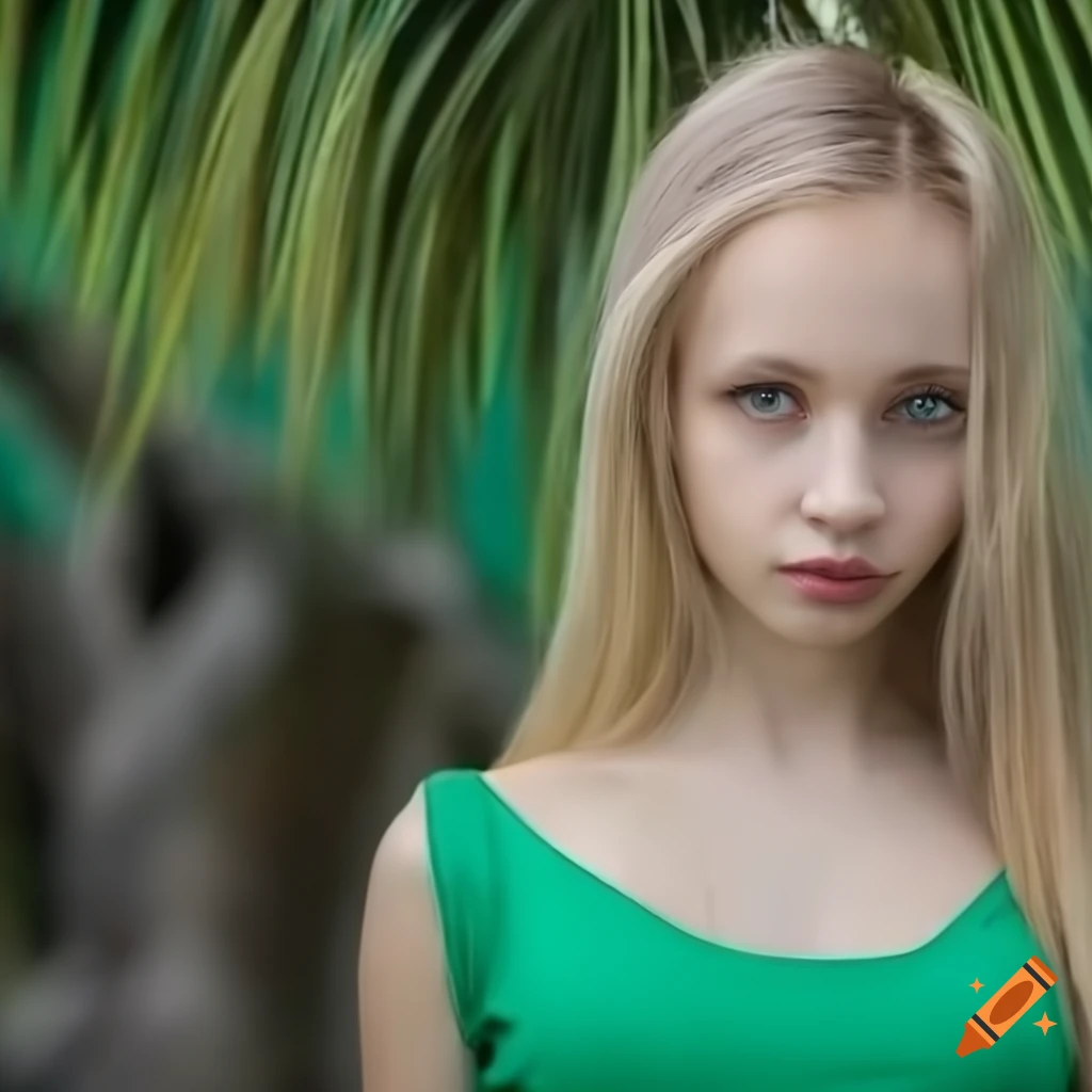 Blonde Girl In Green Dress Among Palm Trees On Craiyon